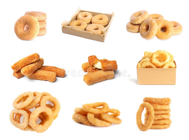 Collage with Different Delicious Fast Food on White Background Stock ...