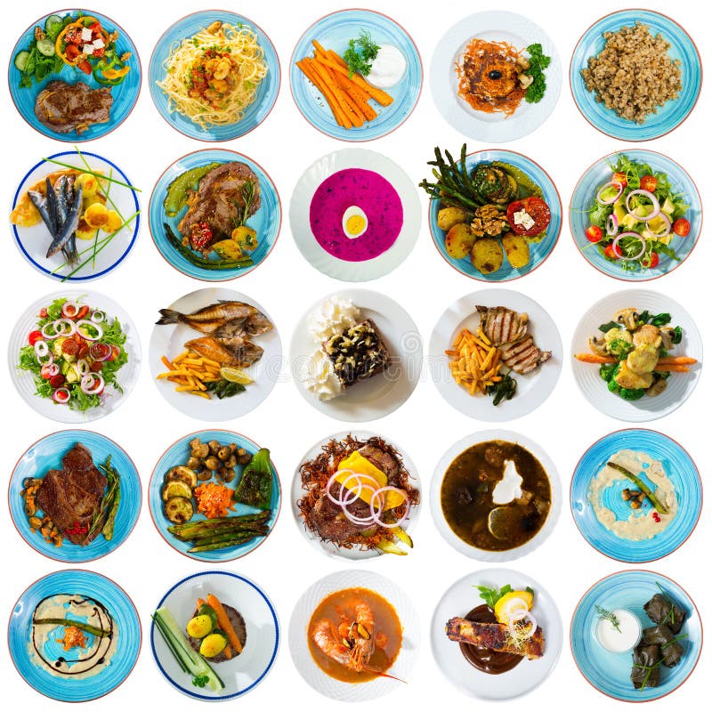 Collage of Different Dishes on Round Plates Stock Photo - Image of ...