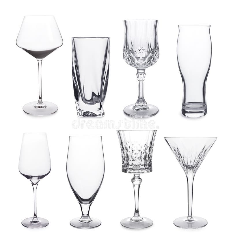 Collage with Different Empty Glasses on White Background Stock Image ...