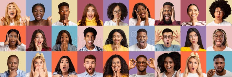 Collage of Different Face Expressions of Multiracial Millennial People ...