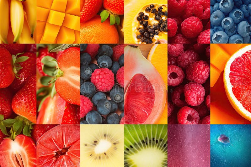 Collage of Different Fresh Fruits and Berries. Healthy Eating Concept ...