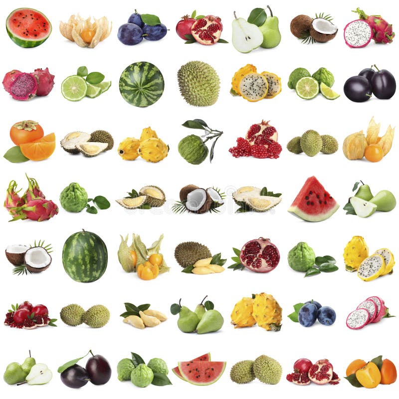 Collage of Different Fresh Fruits on White Background Stock ...