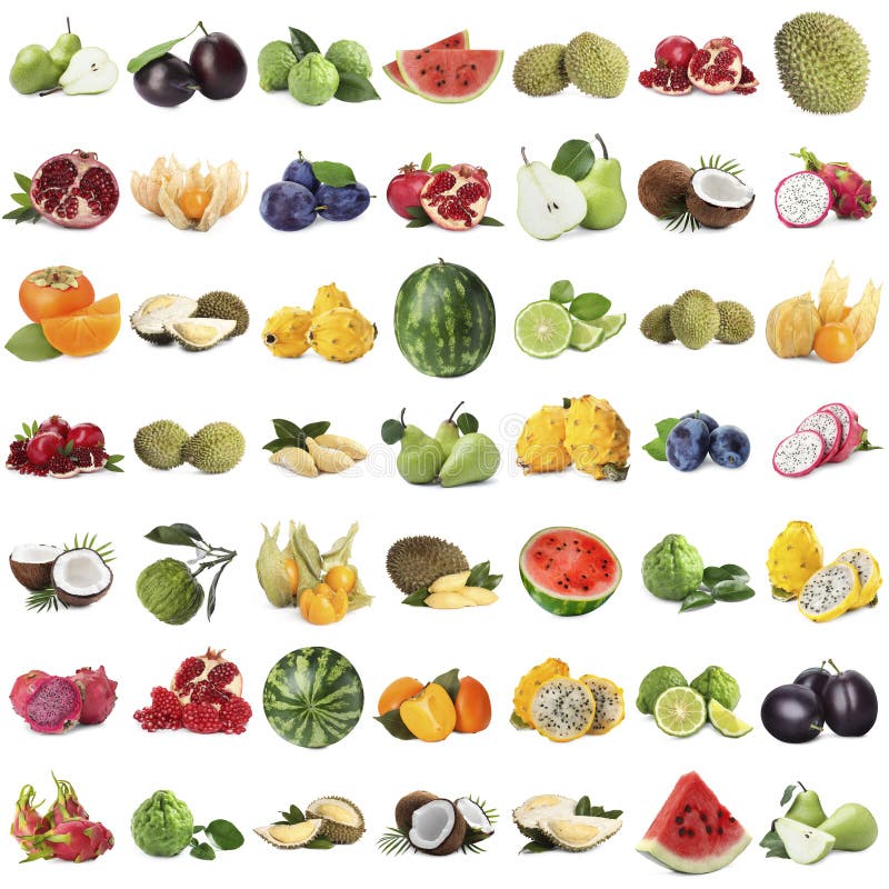 Collage of Different Fresh Fruits on White Background Stock ...