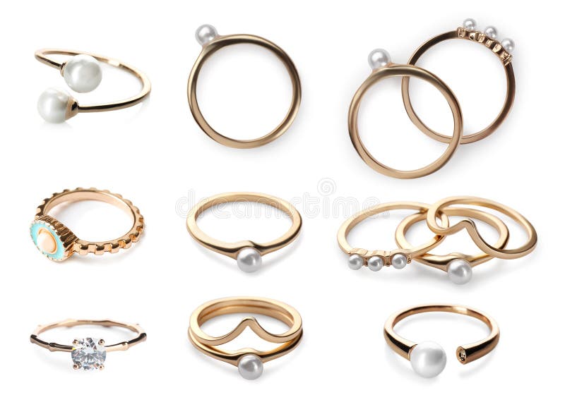 Collage with Different Golden Rings Isolated on White Stock Image ...