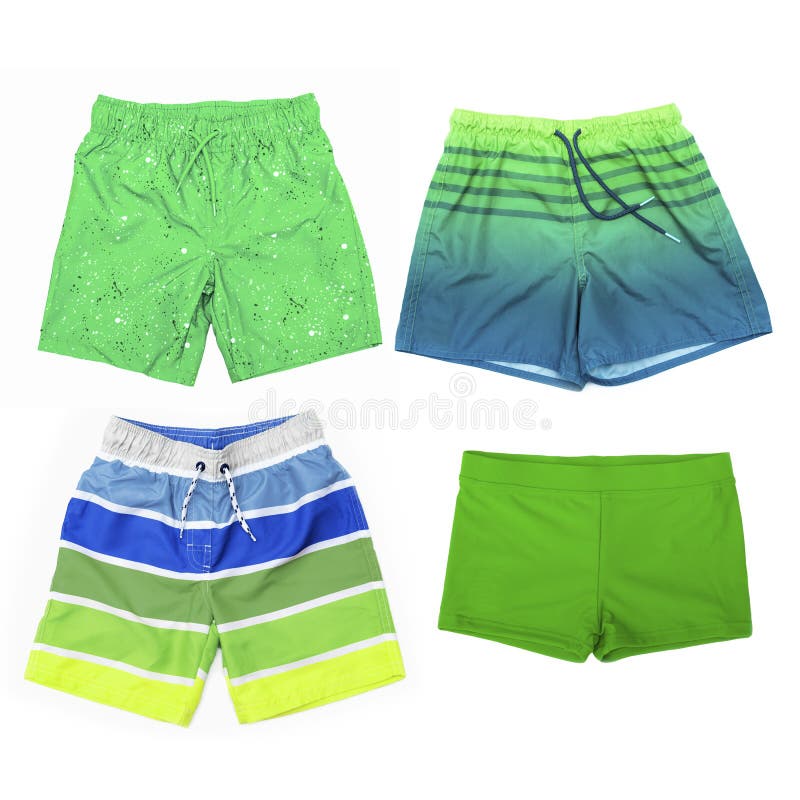Collage of Different Green Shorts for Boys on a White Background Stock ...