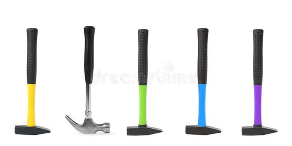 Collage with Different Hammers on White Background Stock Image - Image ...