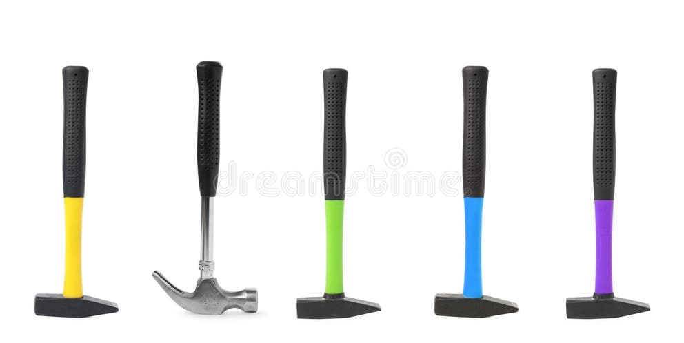 Collage with Different Hammers on White Background Stock Image - Image ...