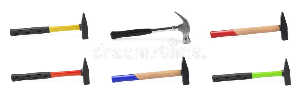 Collage with Different Hammers on White Background Stock Photo - Image ...
