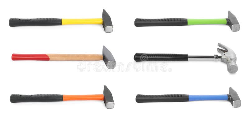 Collage with Different Hammers on White Background Stock Photo - Image ...