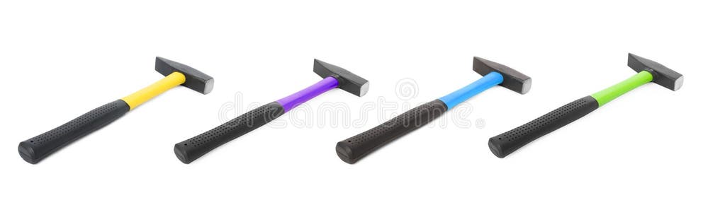 Collage with Different Hammers on White Background Stock Image - Image ...