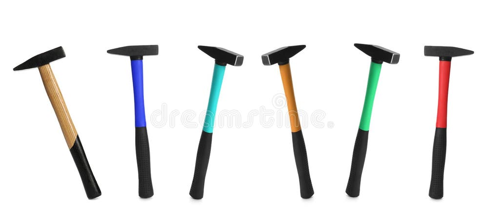 Collage with Different Hammers on White Background Stock Image - Image ...