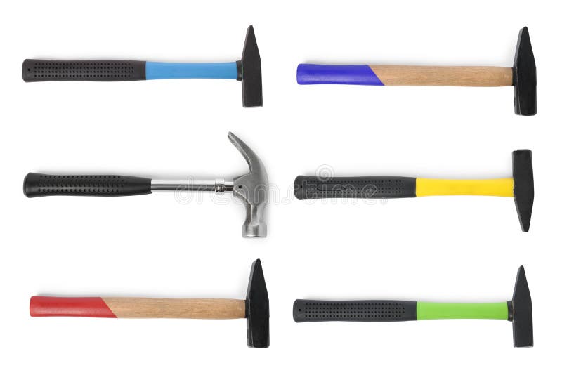 Collage Different Hammers White Background Top View Stock Photos - Free ...