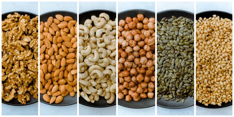 Collage of Different Kinds of Nuts. Cashew, Hazelnut, Almond, Walnut ...
