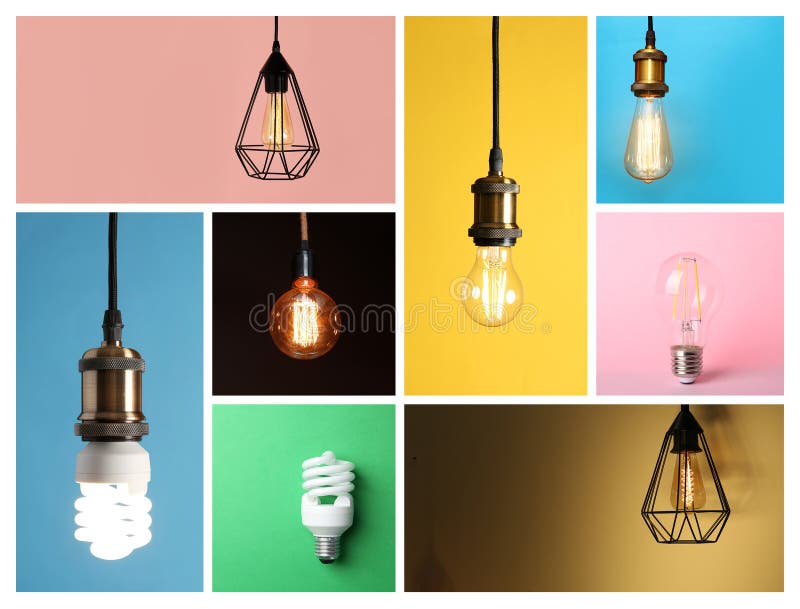 Collage Of Different Lamp Bulbs Stock Photo - Image of design, hanging ...