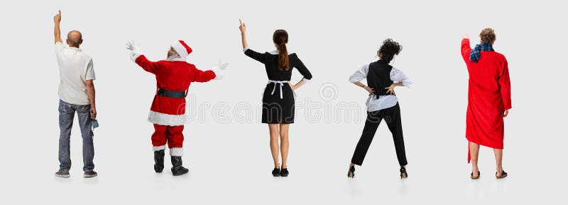 Collage of Different People Standing in a Line and Pointing Somewhere ...