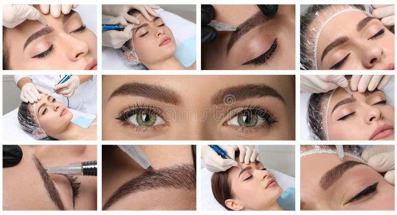 Collage with Different Photos of Women Undergoing Permanent Makeup ...