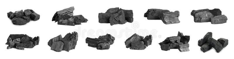 Collage with Different Pieces of Coal on White Background Stock Image ...