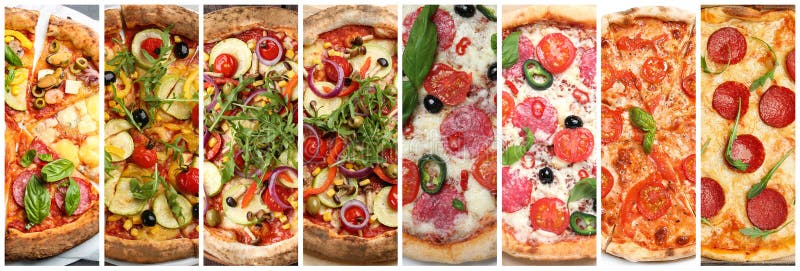 Collage with Different Pizzas, Top View. Banner Design Stock Photo ...