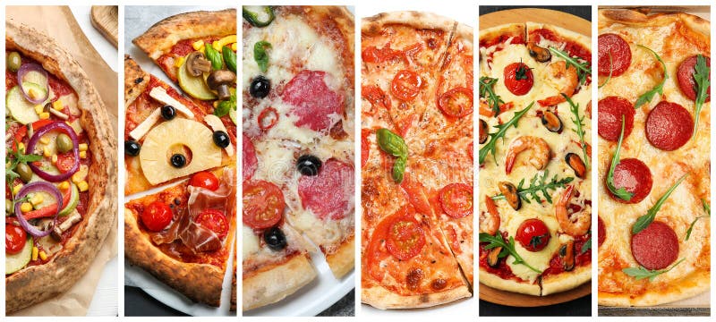 Collage with Different Pizzas, Top View. Banner Design Stock Image ...