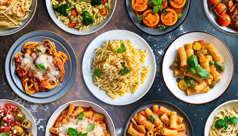 Collage of Different Plates of Pasta Stock Image - Image of background ...