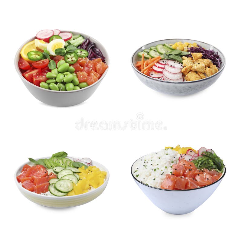Collage of Different Poke Bowls Isolated on White Stock Image - Image ...