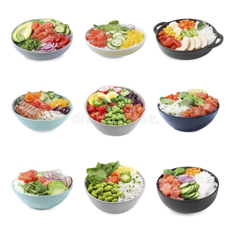 Collage of Different Poke Bowls Isolated on White Stock Photo - Image ...