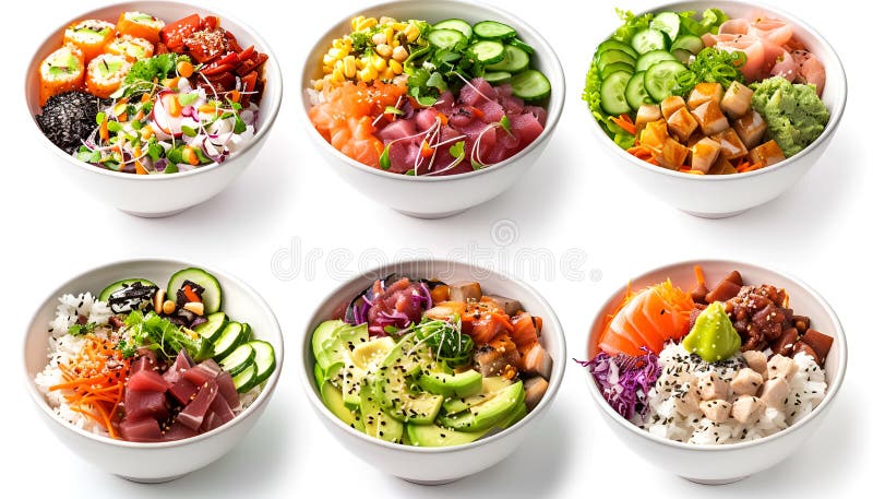 Collage of Different Poke Bowls Isolated on White Stock Illustration ...