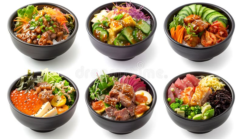Collage of Different Poke Bowls Isolated on White Stock Illustration ...