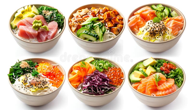 Collage of Different Poke Bowls Isolated on White Stock Photo - Image ...