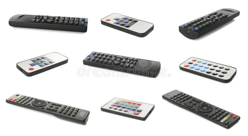 Collage of Different Remote Controllers on White Background Stock Image ...