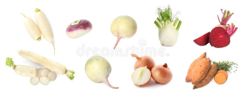 Collage with Different Root Vegetables on White Background Stock Photo ...