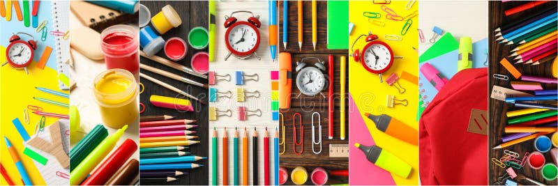 Collage Different School Stationery on Different Backgrounds Stock ...