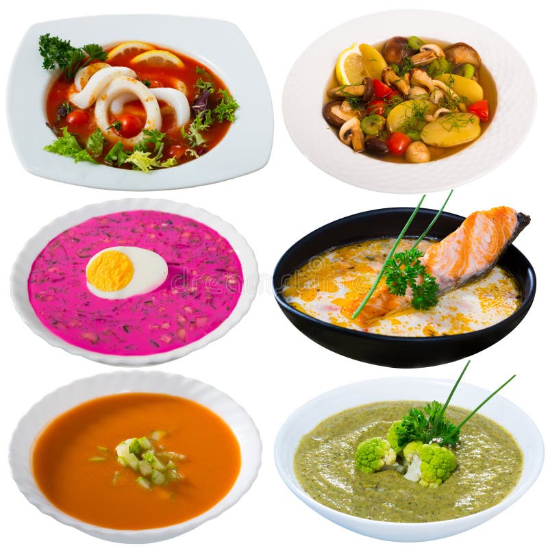 Collage of Different Soups Isolated Stock Photo - Image of noodle ...