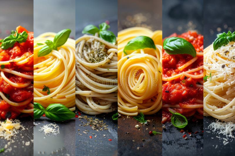 Collage with Different Spaghetti and Different Sauces on a Dark ...