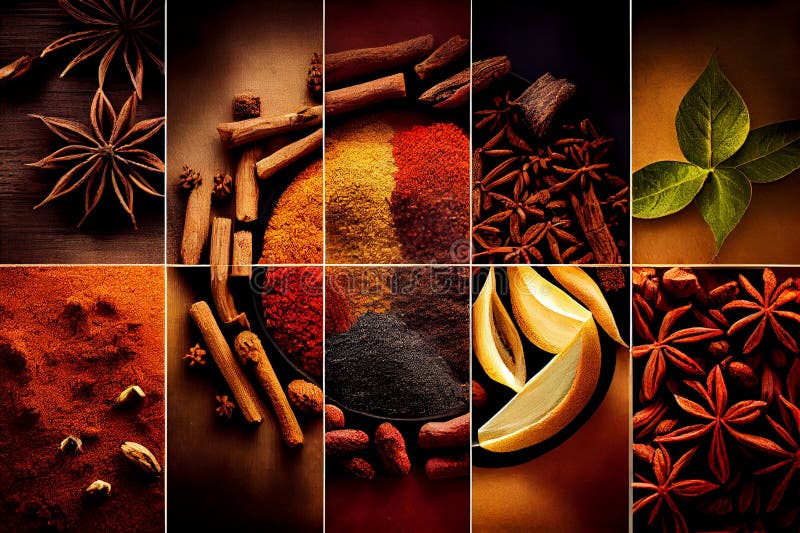 Collage of Different Spices Stock Illustration - Illustration of wooden ...