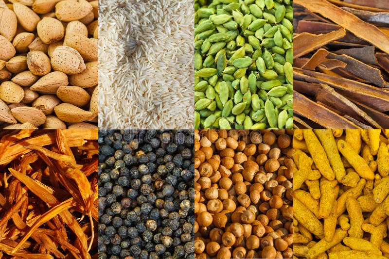 Collage of Different Spices and Rice Stock Image - Image of almond ...