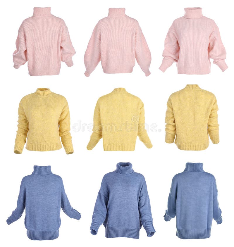 Collage with Different Stylish Warm Sweaters on Background Stock Image ...