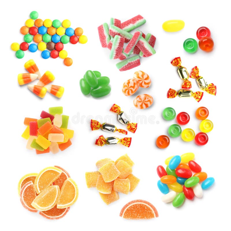 Collage with Different Sweet Candies Isolated on White Stock Image ...