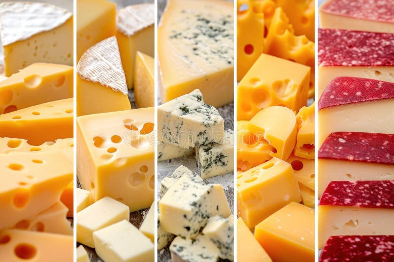 Collage of Different Types of Cheese with Vertical Dividers Stock Photo ...
