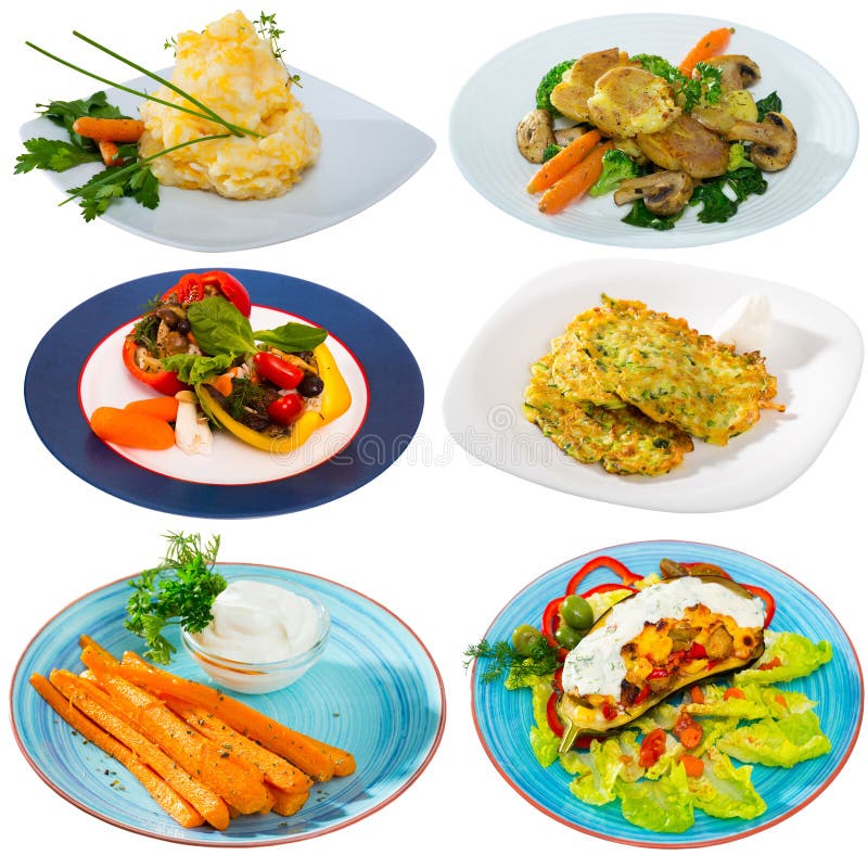 Collage of Different Types Dishes with Vegetables Isolated on White ...