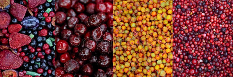 Collage of Different Types of Frozen Berries in a Grocery Store Shot ...