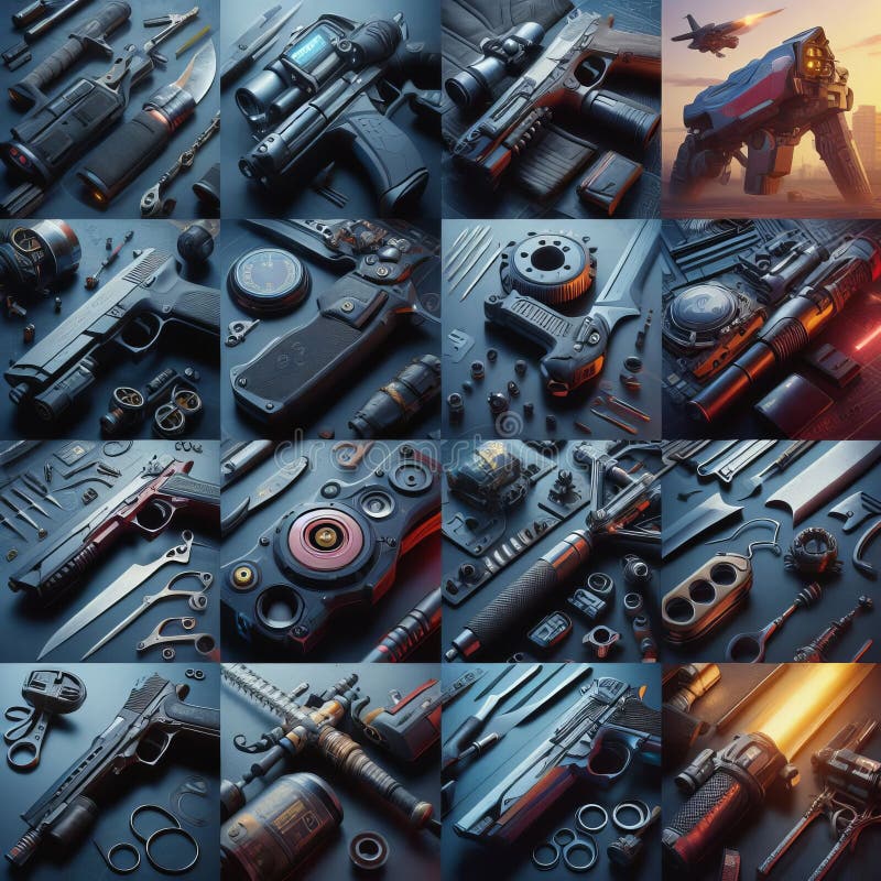 A Collage of Different Types of Futuristic Weapons and Tools I Stock ...