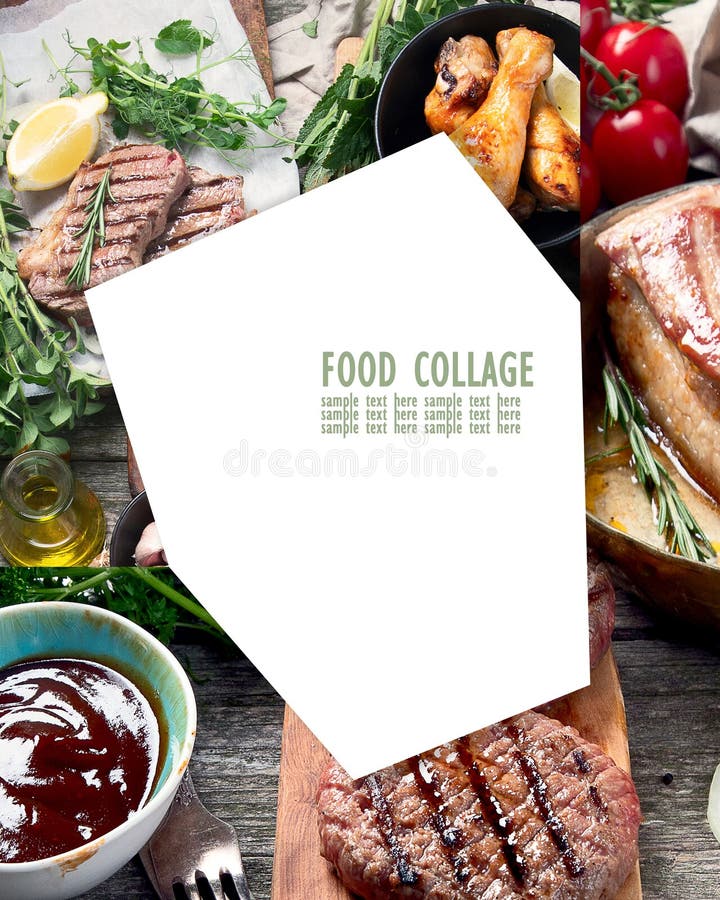 Collage of Different Types of Grilled Meat on Rustic Wooden Table Stock ...