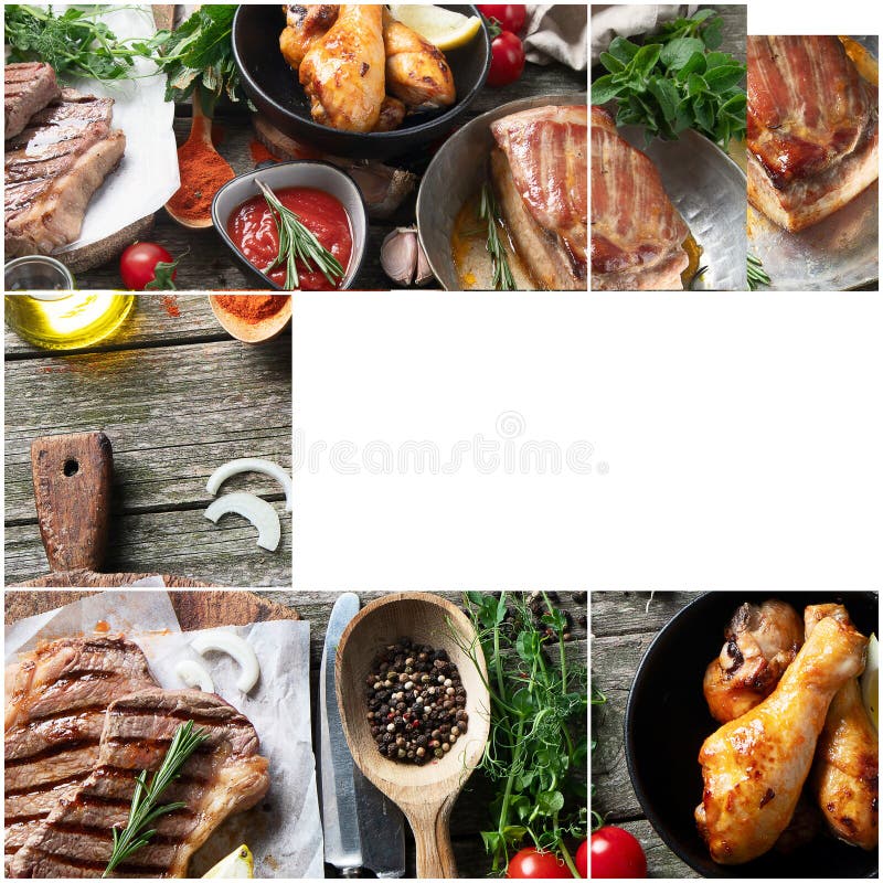 Collage of Different Types of Grilled Meat on Rustic Wooden Table Stock ...