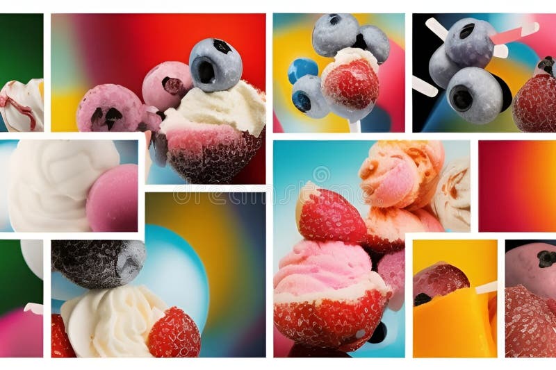 Collage of Different Types of Ice Cream with Berries on a White ...