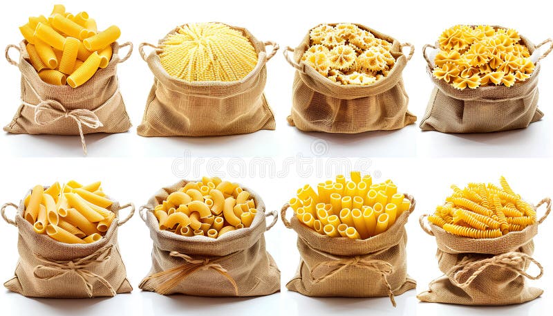 Collage of Different Types of Italian Pasta in Bags on White Background ...