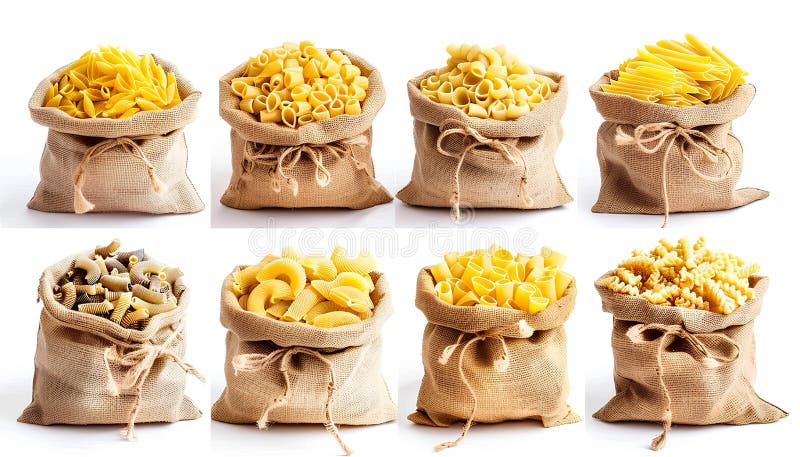 Collage of Different Types of Italian Pasta in Bags on White Background ...