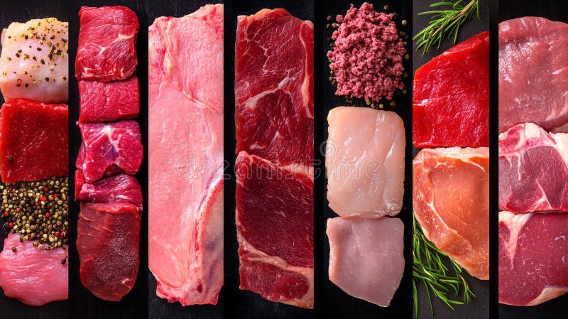 A Collage of Different Types of Raw Meat Including Beef, Pork, Chicken ...