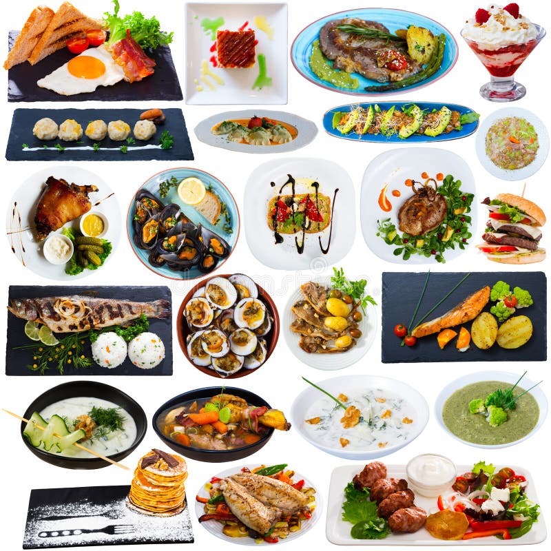Collage of Dishes Isolated on White Stock Photo - Image of products ...