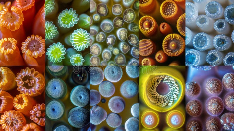 A Collage of Diverse Pollen Grains Captured through a Microscope ...